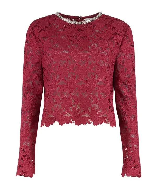 SELF-PORTRAIT Embellished Neck Floral Lace Top - Red