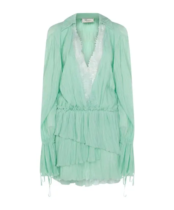 Blumarine Long-sleeved V-neck Dress With Layered Hem - Green