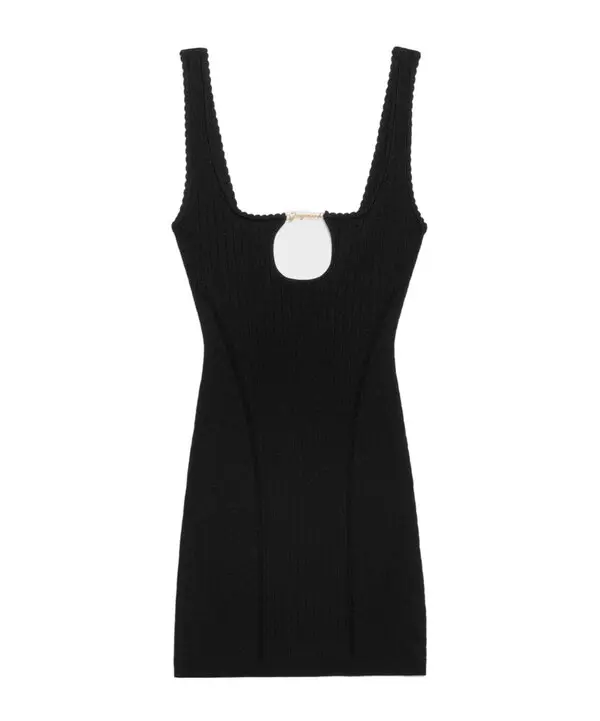 Jacquemus Ribbed Knit Mini Dress With Gold Logo Plaque - Black