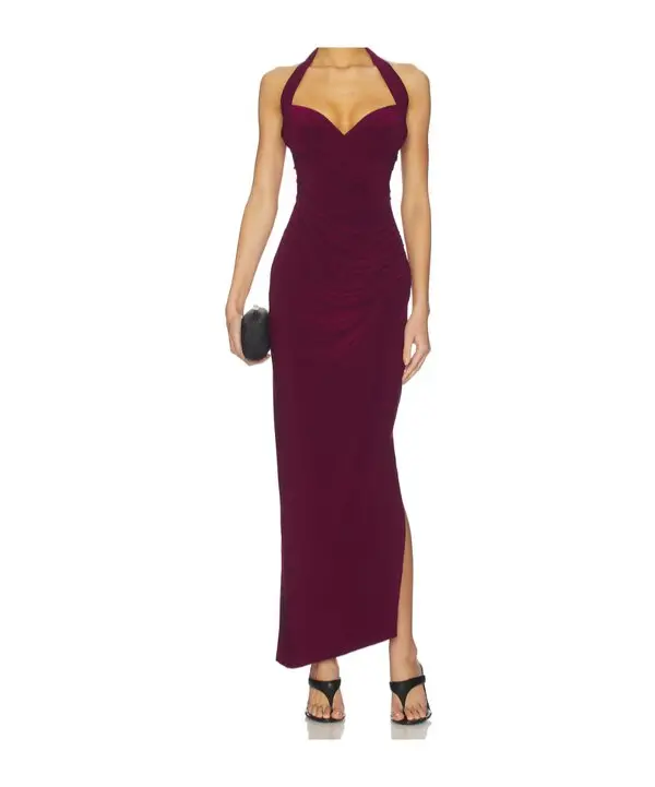 Norma Kamali Ruched Halterneck Maxi Dress With Side Slits