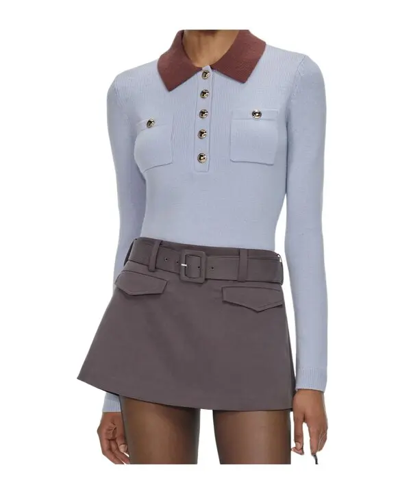 SELF-PORTRAIT Contrast Collar Knit Top - Blue