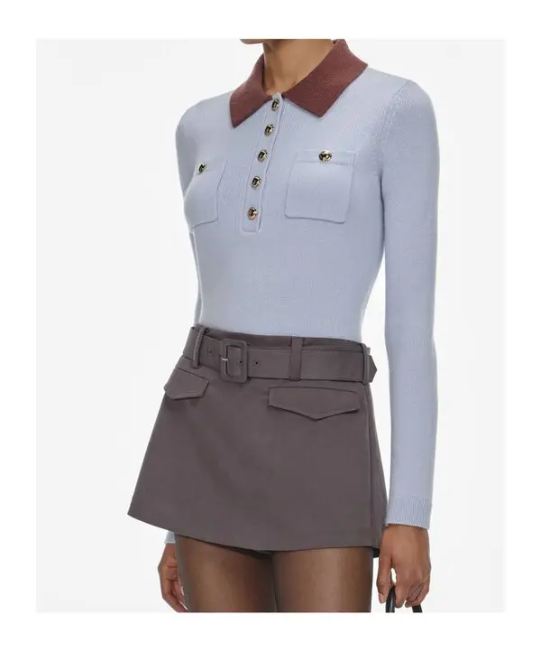 SELF-PORTRAIT Contrast Collar Knit Top - Blue