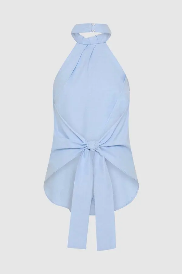 ST. AGNI Halter Tie-back Pleated Top - Sky-blue