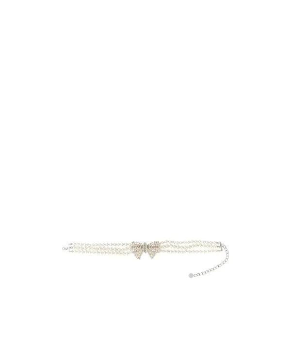 SELF-PORTRAIT Pearl And Crystal Embellished Bow Necklace - Cream