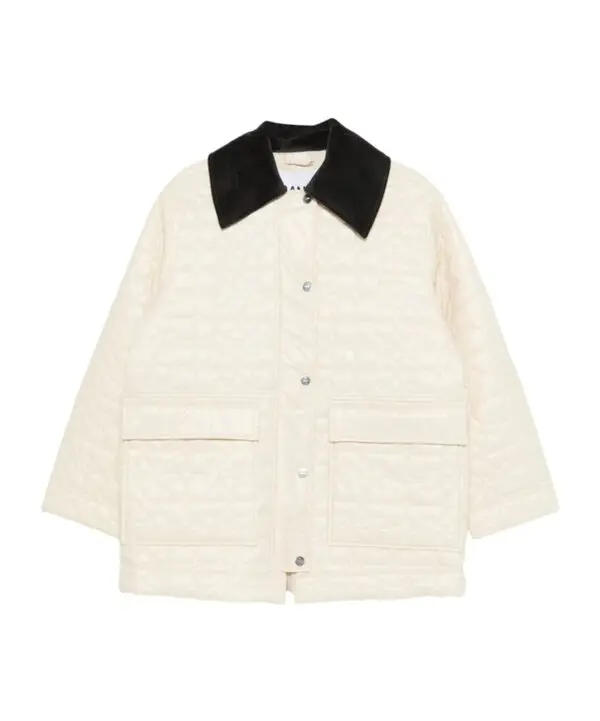 GANNI Quilted Midi Jacket With Contrasting Collar - Beige