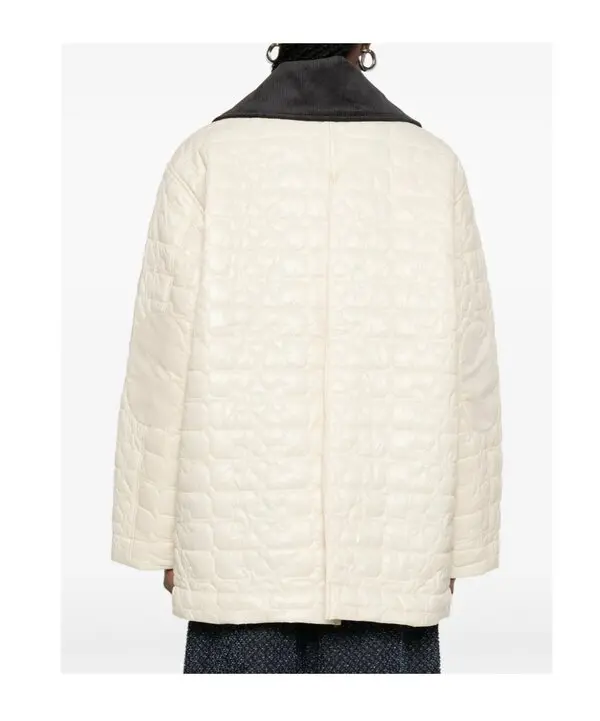 GANNI Quilted Midi Jacket With Contrasting Collar - Beige