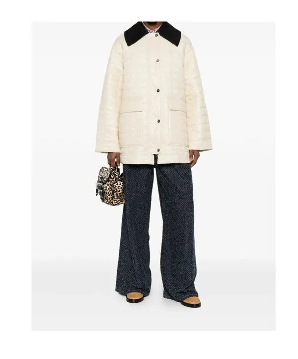 GANNI Quilted Midi Jacket With Contrasting Collar - Beige