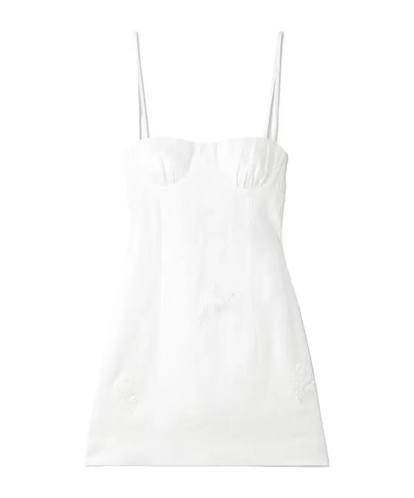 SIR. Alessandra Gathered Embroidered Linen Mini Dress - White