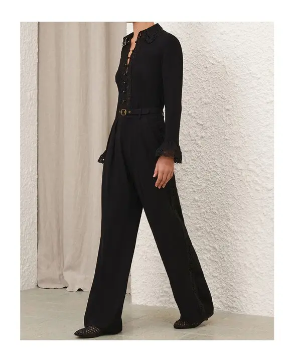 Zimmermann Pleated Wide-leg Trousers With Lace Trim - Black