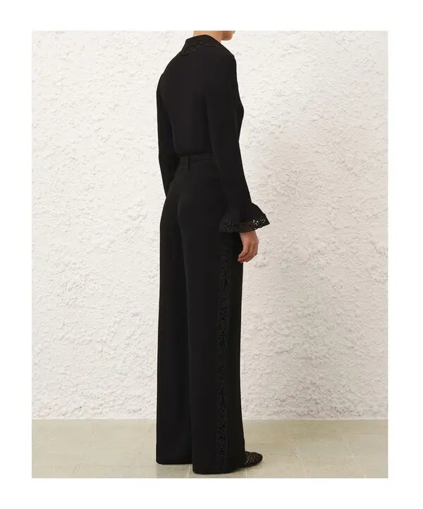 Zimmermann Pleated Wide-leg Trousers With Lace Trim - Black