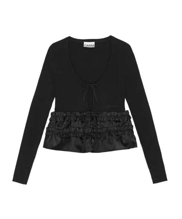 GANNI Melange Knit Cardigan With Ruffle Hem