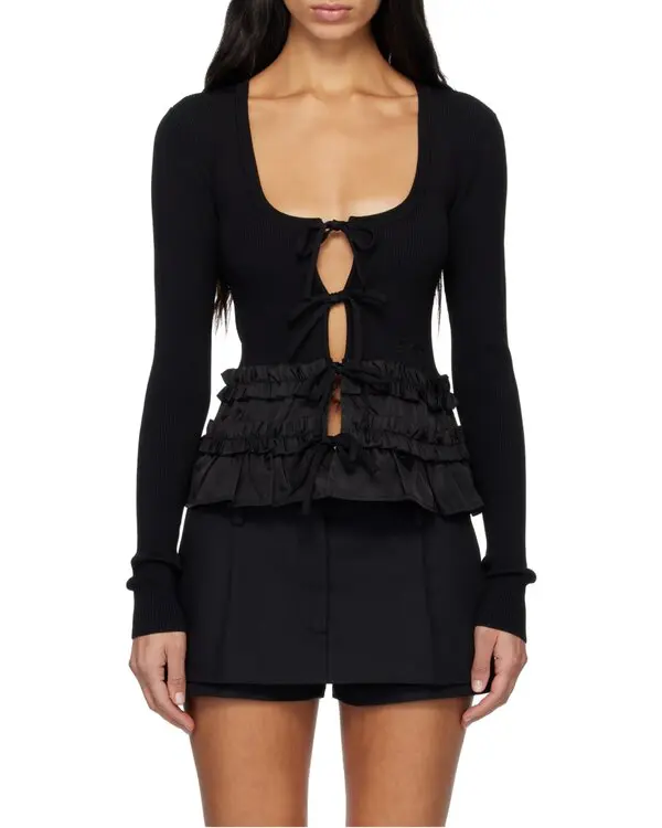 GANNI Melange Knit Cardigan With Ruffle Hem