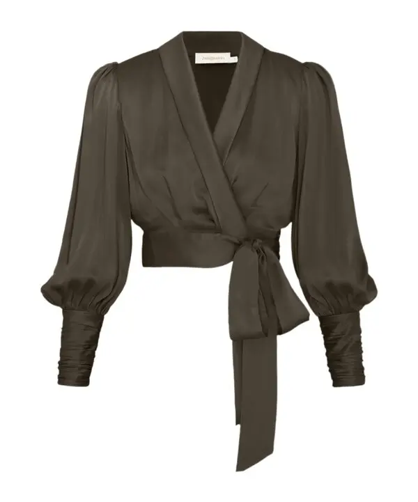 Zimmermann Wrap Top With Lantern Sleeves And Belt - Brown