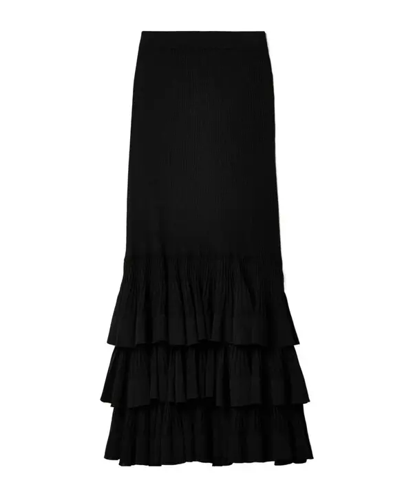 Zimmermann Layered Ruffled Ribbed Knit Midi Skirt - Black