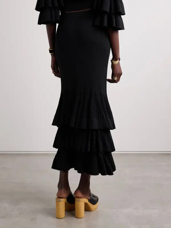 Zimmermann Layered Ruffled Ribbed Knit Midi Skirt