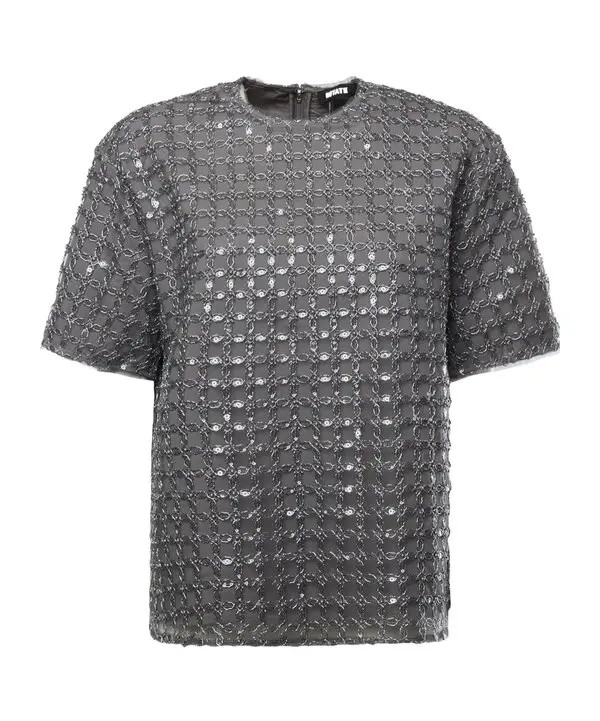 ROTATE BY BIRGER CHRISTENSEN Embellished Crewneck Short Sleeve Top - Gray