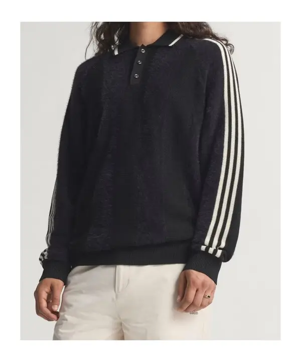 Adidas Long Sleeve Polo Sweater With Signature Stripes - Black