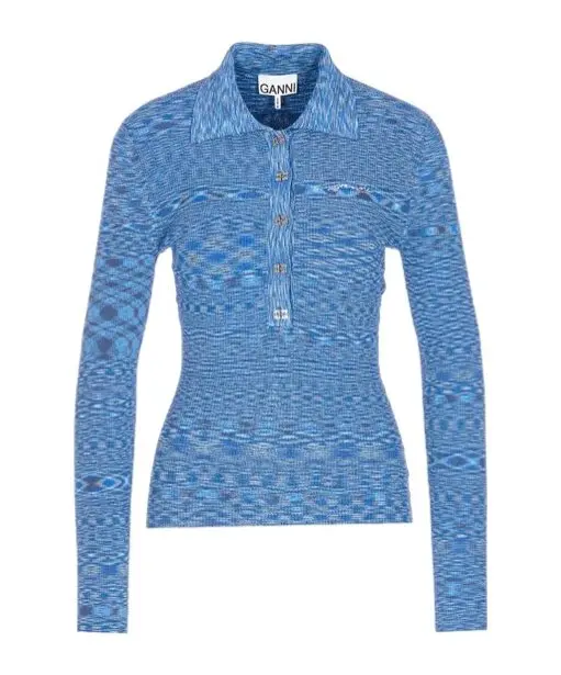 GANNI Graphic Print Knitted Polo Shirt