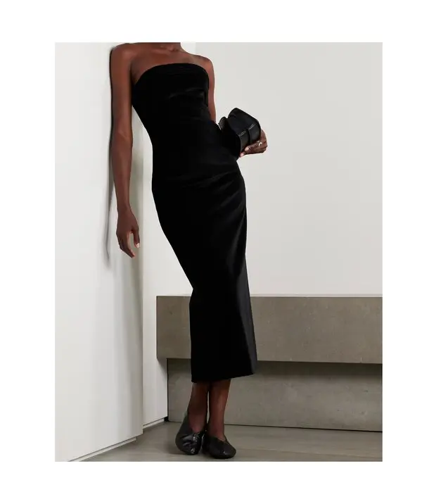 Tove Isabella Strapless Ruched Velvet Midi Dress - Black