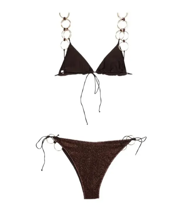 Oseree Lace-up Bikini Set With Ring Embellishment - Black