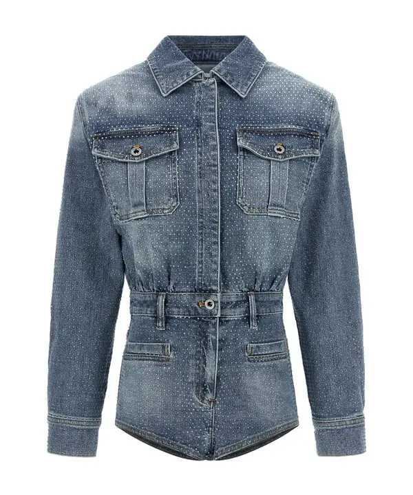 SELF-PORTRAIT Crystal Appliqué Denim Playsuit - Blue