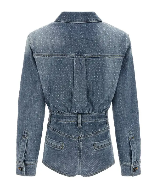 SELF-PORTRAIT Embellished Denim Playsuit With Crystal Appliqués