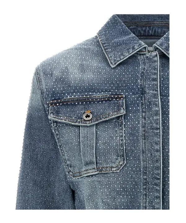 SELF-PORTRAIT Embellished Denim Playsuit With Crystal Appliqués