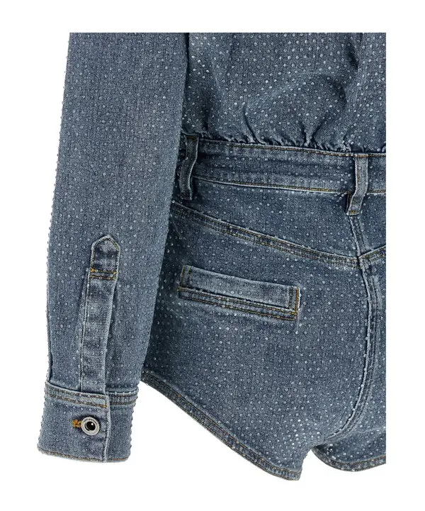 SELF-PORTRAIT Embellished Denim Playsuit With Crystal Appliqués