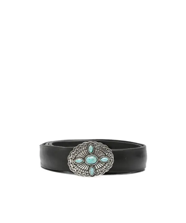 ORTIGNI Turquoise-embellished Leather Belt - Black