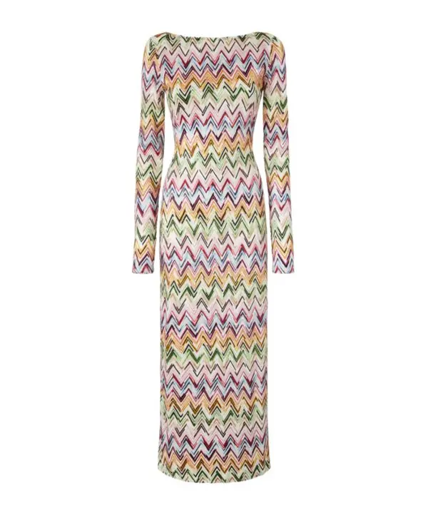 Missoni Long Sleeve Maxi Dress With Zigzag Pattern And Lace Details - Nude