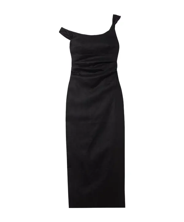 SIR. Twisted Ruched Linen Midi Dress - Black
