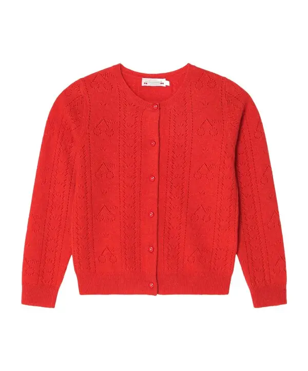 Bonpoint Ribbed Knit Button-up Cardigan With Crew Neck And Long Sleeves - Red