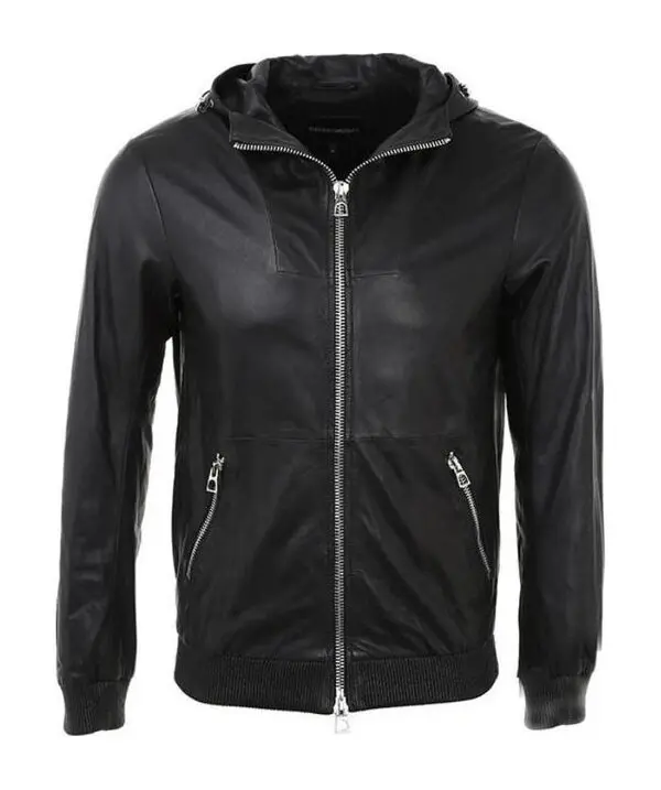 Emporio Armani Hooded Zip-up Leather Jacket