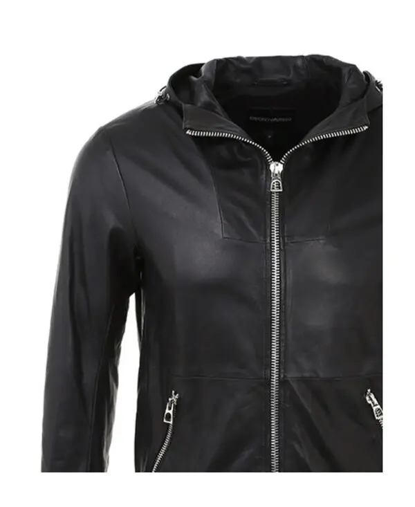 Emporio Armani Hooded Zip-up Leather Jacket