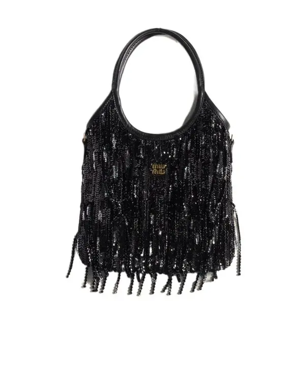 Miu Miu Ivy Satin Handbag With Crystal And Sequin Fringe - Black