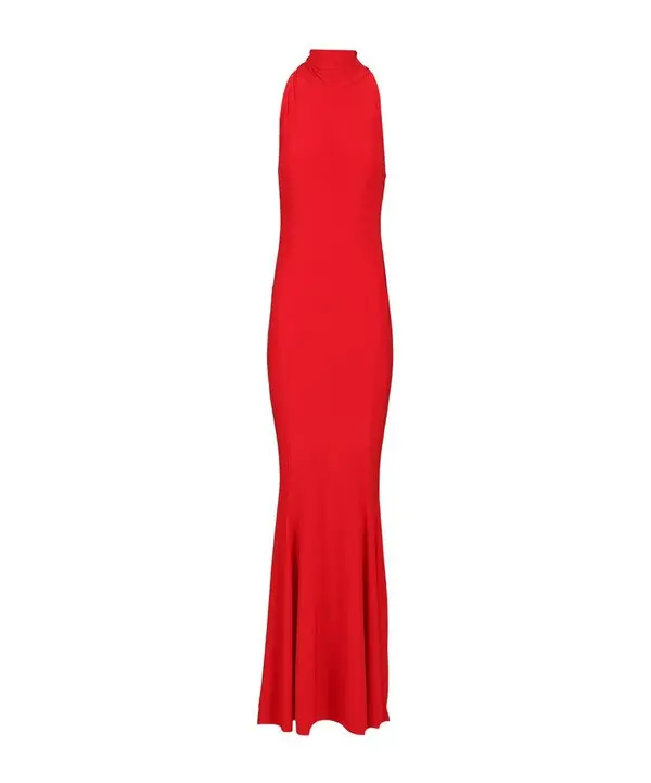 Norma Kamali Halter Turtle Fishtail Gown - Tiger Red