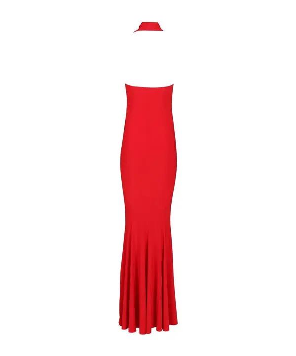 Norma Kamali Halter Turtle Fishtail Gown - Tiger Red