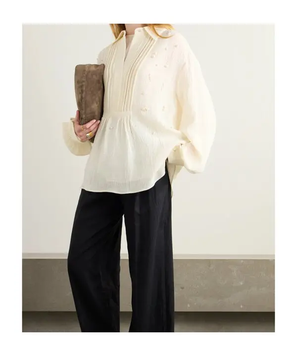JIL SANDER Long Sleeve Blouse With Pearl Embellishments