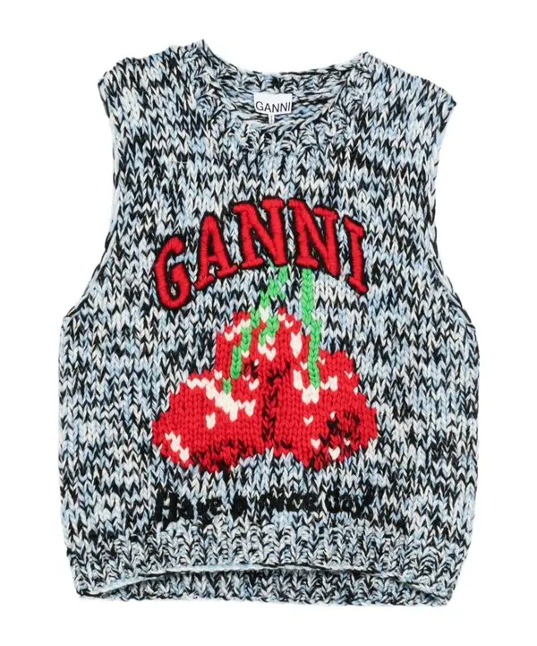 GANNI Embroidered Knit Vest - Gray