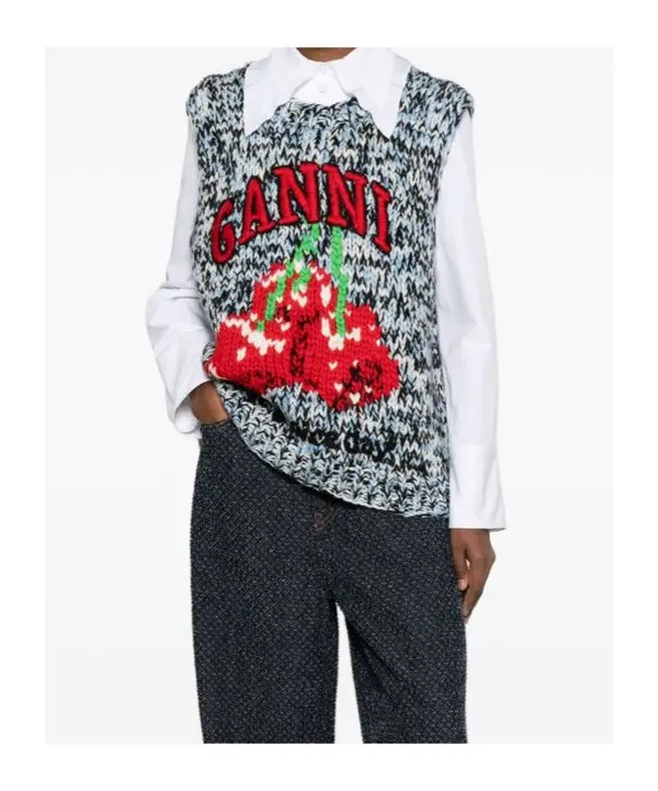 GANNI Embroidered Knit Vest - Gray