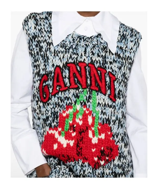 GANNI Embroidered Knit Vest - Gray