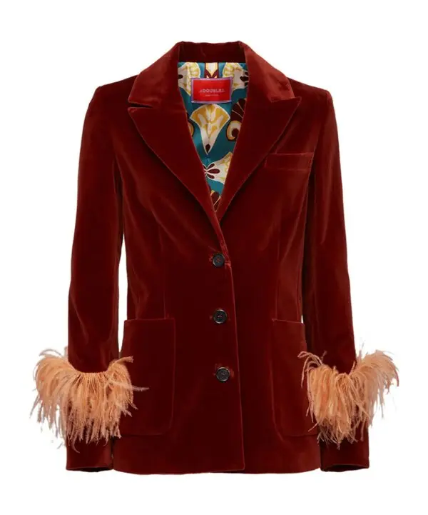 La DoubleJ Keaton Feather-trim Velvet Blazer - Brick Red