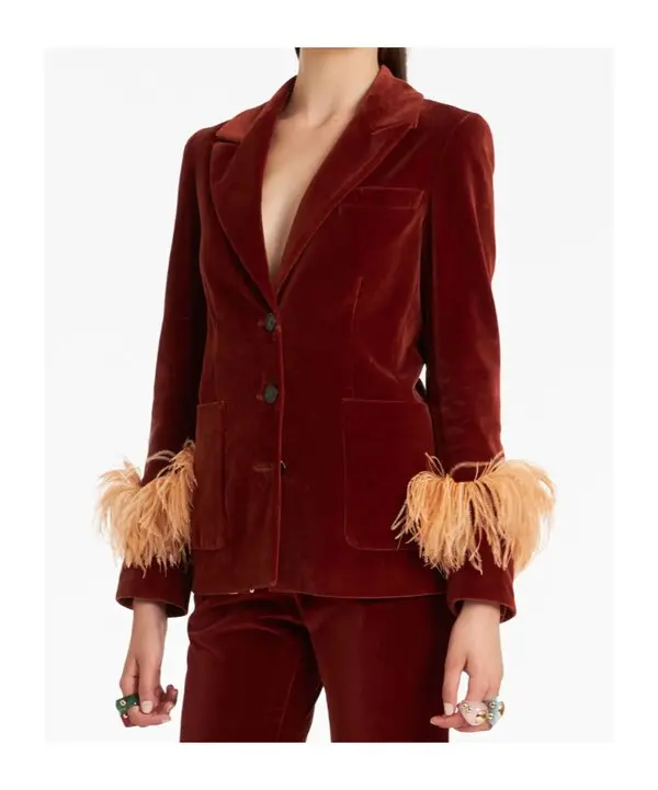 La DoubleJ Keaton Feather-trim Velvet Blazer