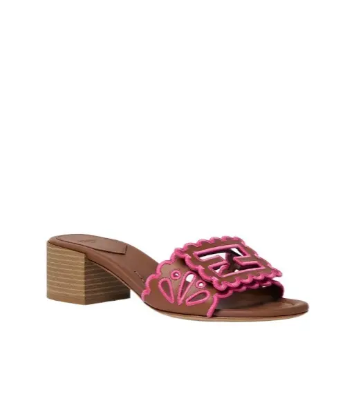 Fendi Nappa Leather Slides With Scalloped Embroidery - Brown