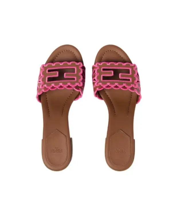 Fendi Nappa Leather Slides With Scalloped Embroidery - Brown