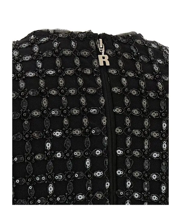 ROTATE BY BIRGER CHRISTENSEN Beaded And Sequined Short Sleeve Top - Black