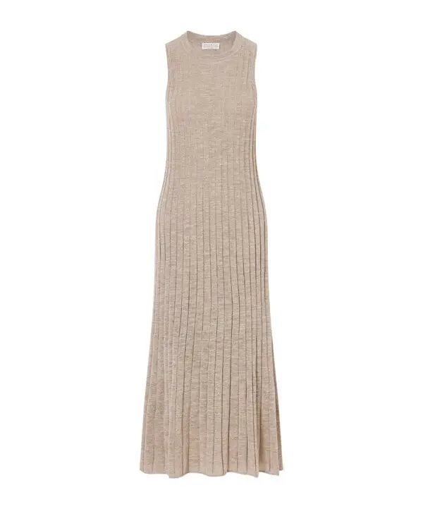 Brunello Cucinelli Sleeveless Round Neck Ribbed Knit Dress - Beige
