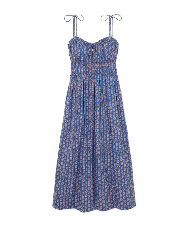 DÔEN Rhoda Shirred Paisley-print Organic Cotton-poplin Midi Dress - Blue