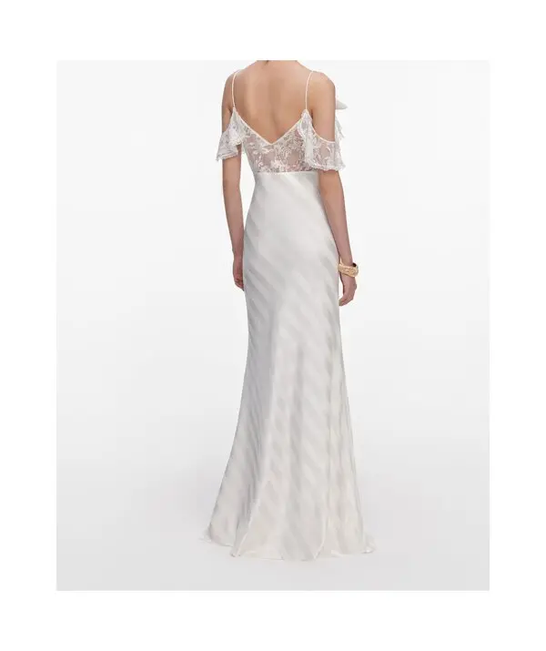 SELF-PORTRAIT Lace Trimmed Striped Maxi Dress - Cream