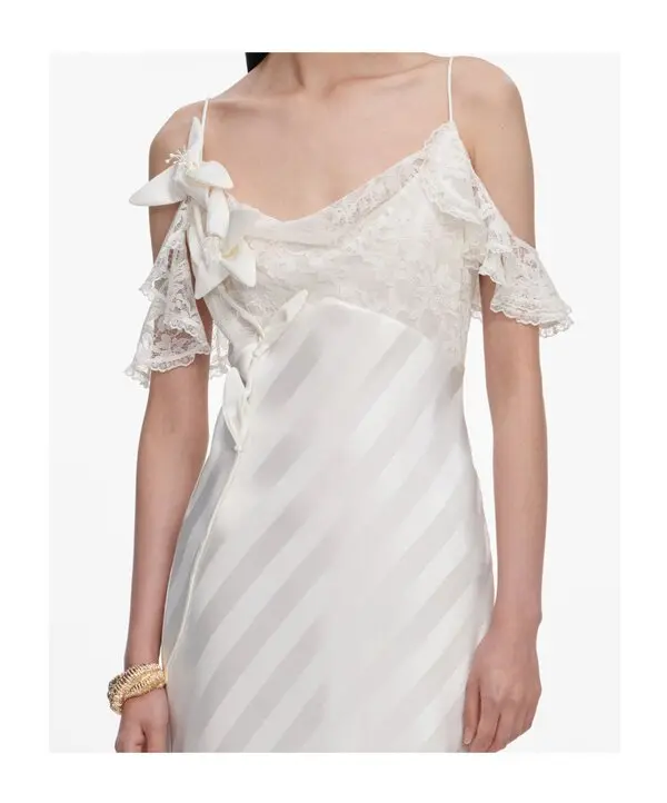 SELF-PORTRAIT Lace Trimmed Striped Maxi Dress - Cream